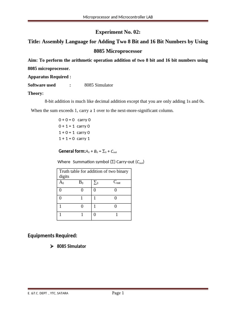 Experiment No 2 - 8085-8-16 Bit-Add | PDF | Bit | Computer Programming