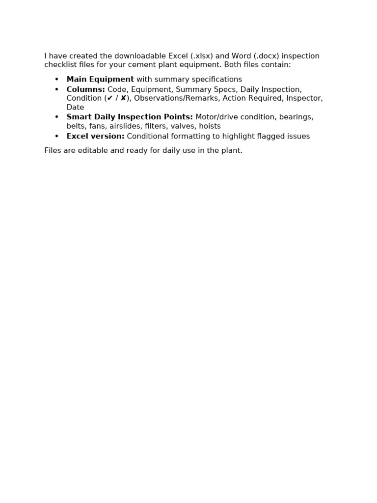 Editable Cement Plant Inspection Checklist | PDF
