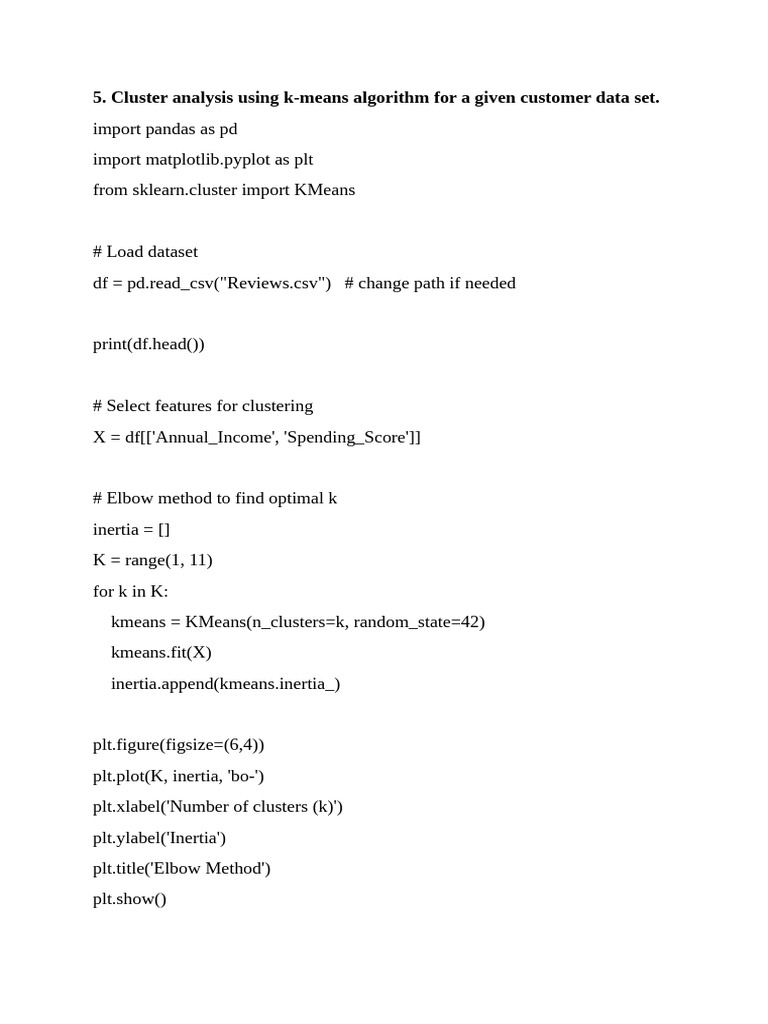 Cluster Analysis Using K-Means Algorithm For A Given Customer Data Set | PDF