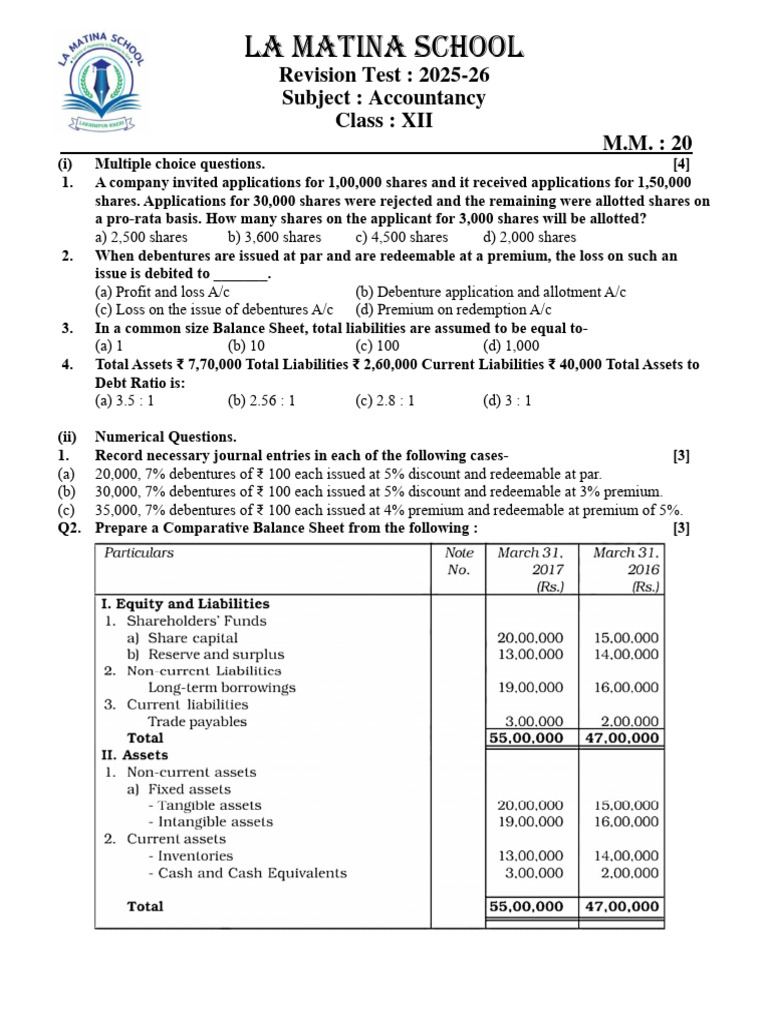 Class XII Accountancy Revision Test 2025-26 | PDF | Balance Sheet ...