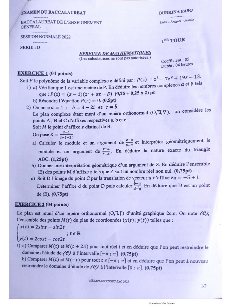 Bac D Math 1er TR 2022 - 250603 - 162533 | PDF