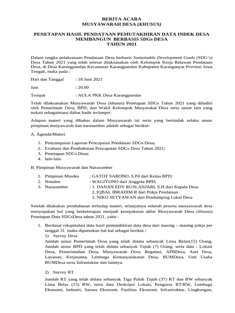 Penetapan Data SDGs Desa 2021 Karangpandan | PDF