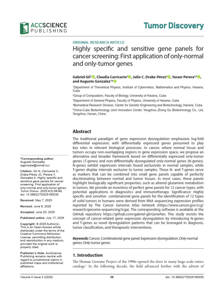 Highly Specific and Sensitive Gene Panels For Cancer Screening: First ...