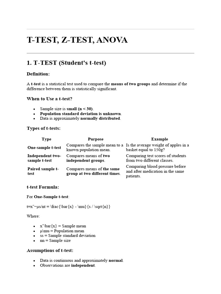 Unit 1 BA Part 7 T - Test, Z - Test, ANOVA | PDF | Student's T Test ...