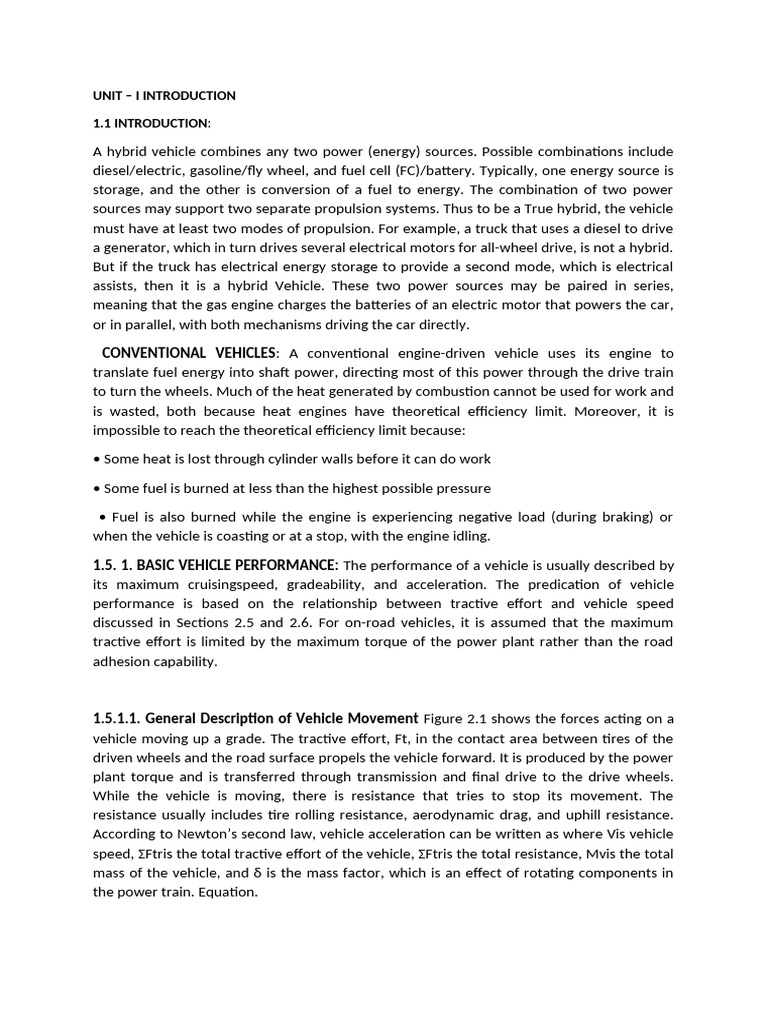 Conventional Vehicles: Unit - I Introduction | PDF | Hybrid Vehicle ...