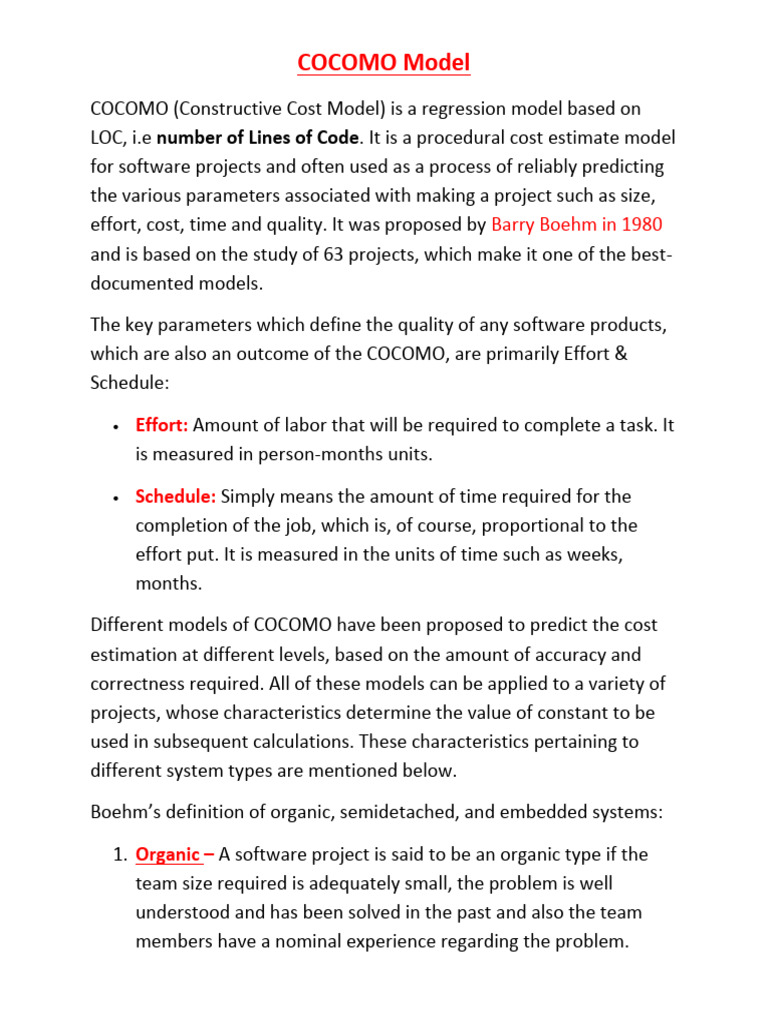 COCOMO Model for Software Cost Estimation | PDF | Computing | Software ...