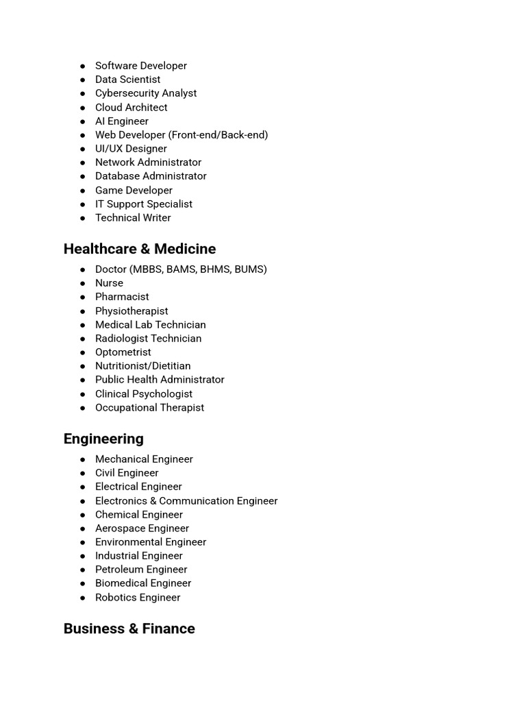 Career Options Across Various Fields | PDF