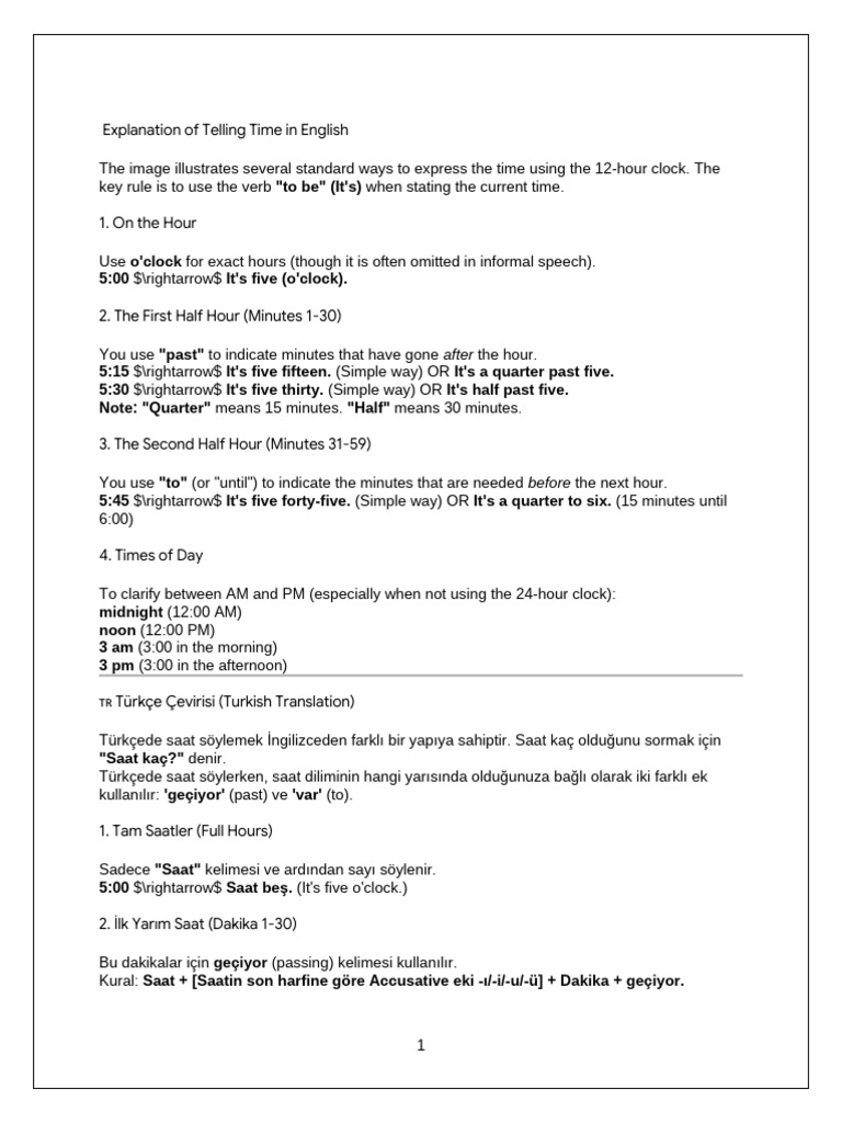 Telling Time in Turkish and English | PDF