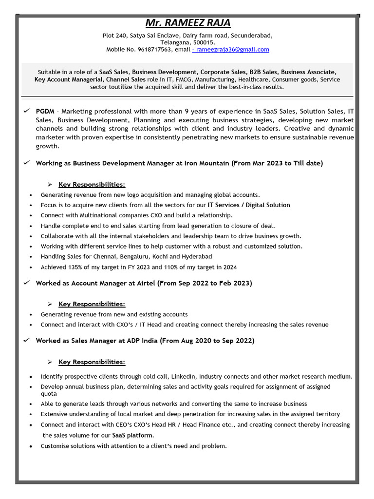 Rameez Resume.. | PDF | Sales | Marketing