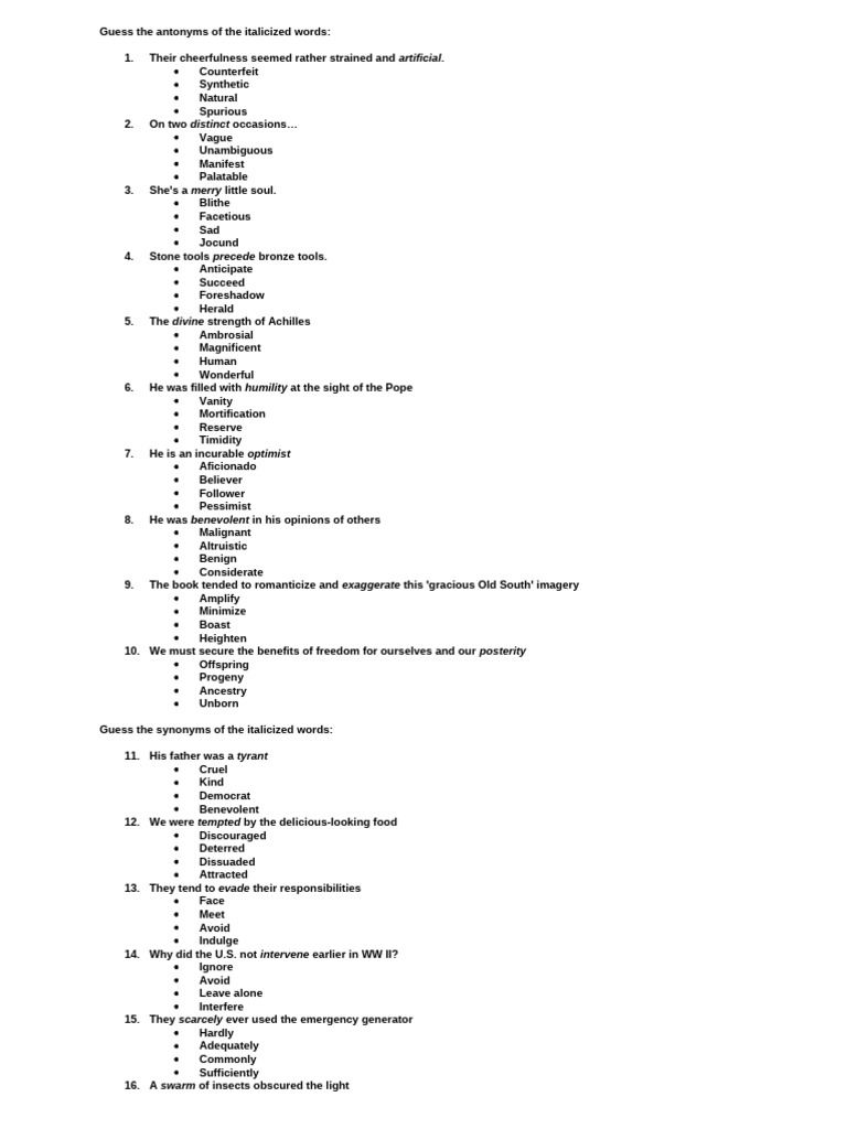 Antonyms and Synonyms Exercises | PDF