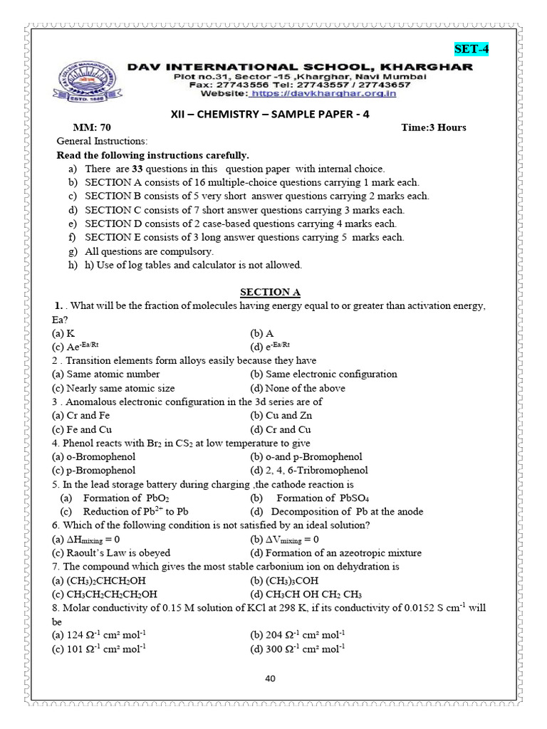 Chemistry Sample Paper Set 4 | PDF | Chemistry | Electron Configuration