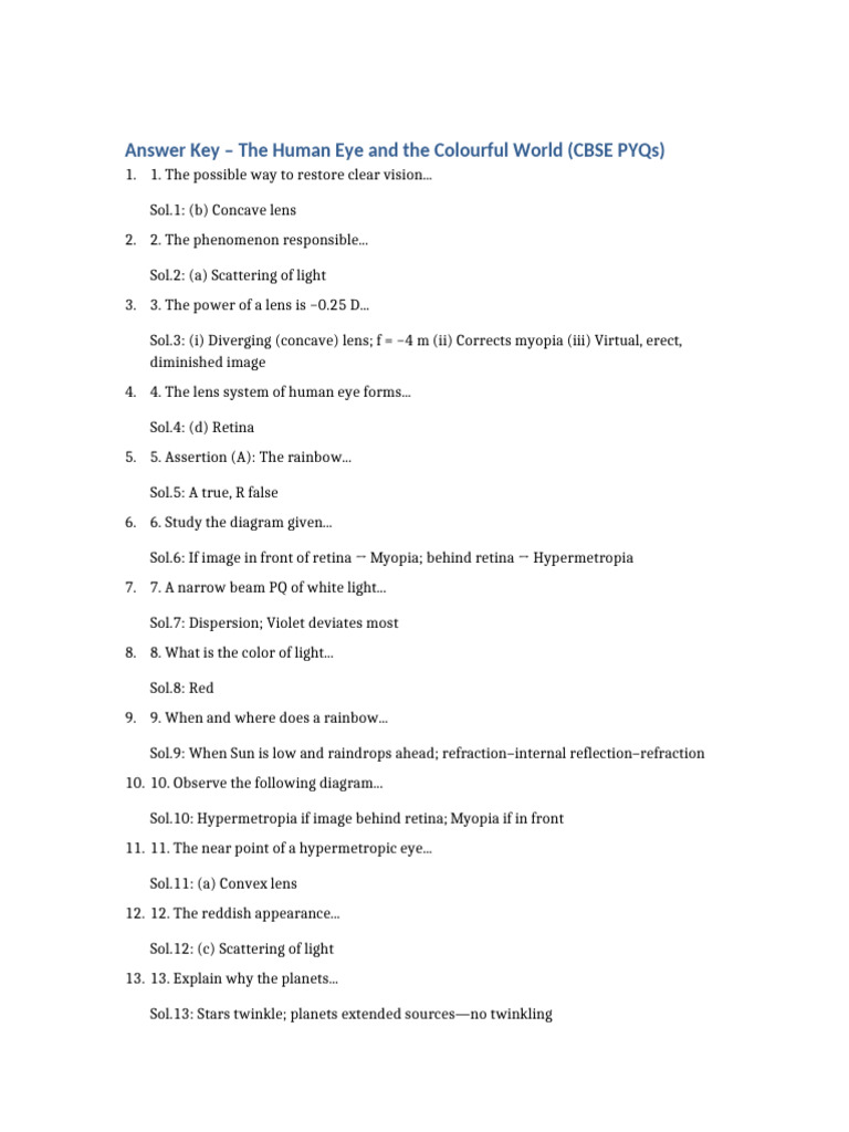 Answer Key The Human Eye and Colorful World | PDF | Rainbow | Sun