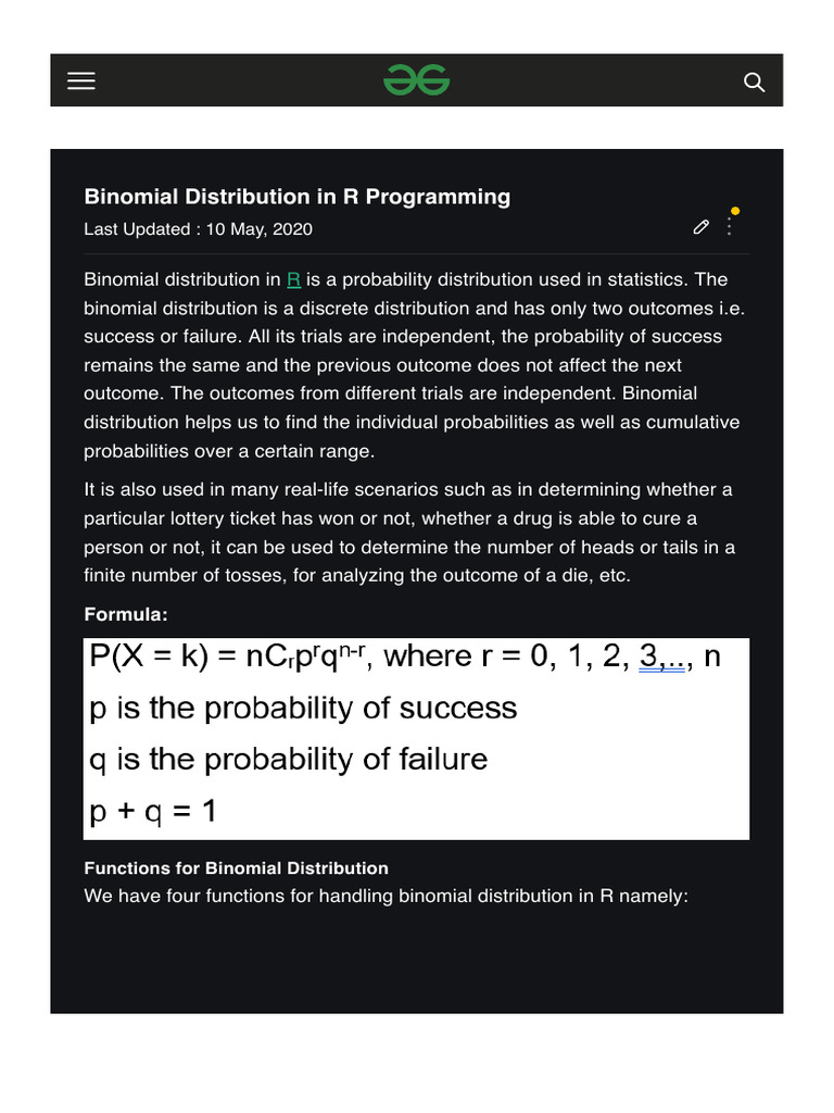 Binomial Distribution in R Programming - GeeksforGeeks | PDF ...