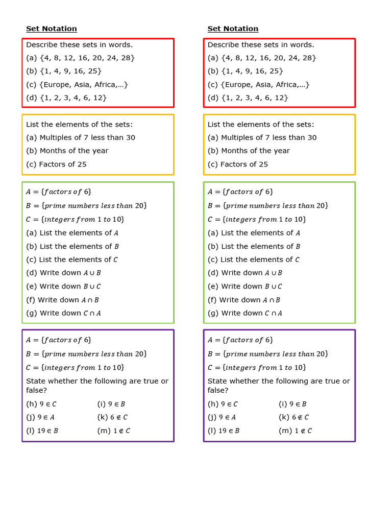 Set Notation Practice Strips | PDF