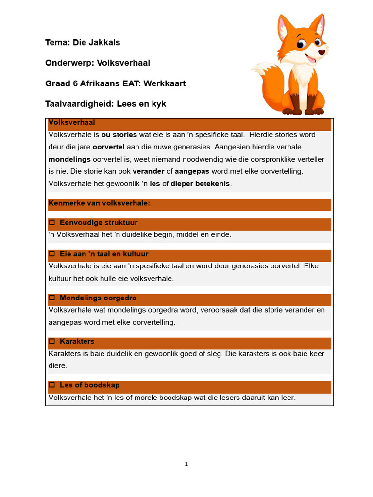 Afrikaans HT Graad 6 - Lees en Kyk Lees 'N Volksverhaal - Avj | PDF