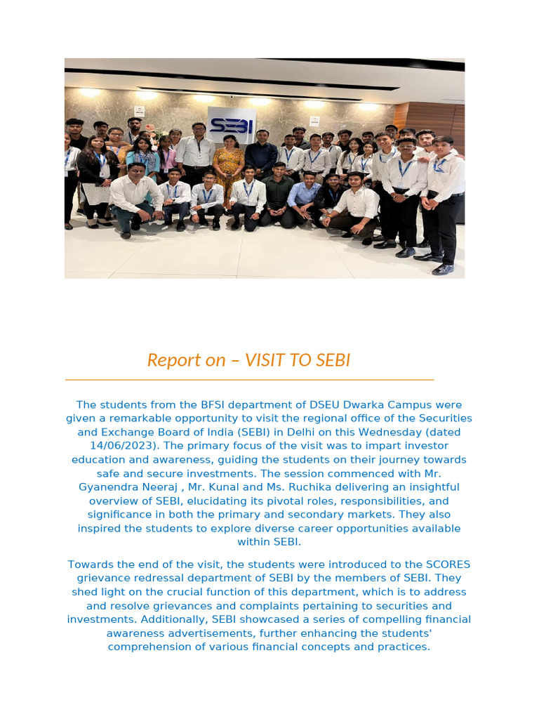SEBI Visit: Investor Education Insights | PDF