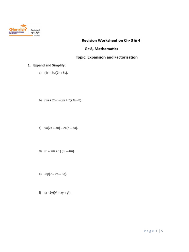 Revision Worksheet Ch-3,4 Gr8 | PDF