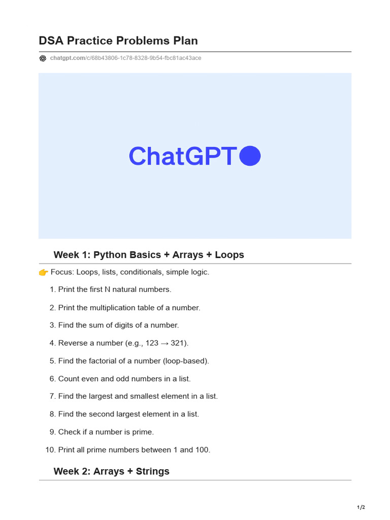 DSA Practice Problems Planweek1toweek3 | PDF