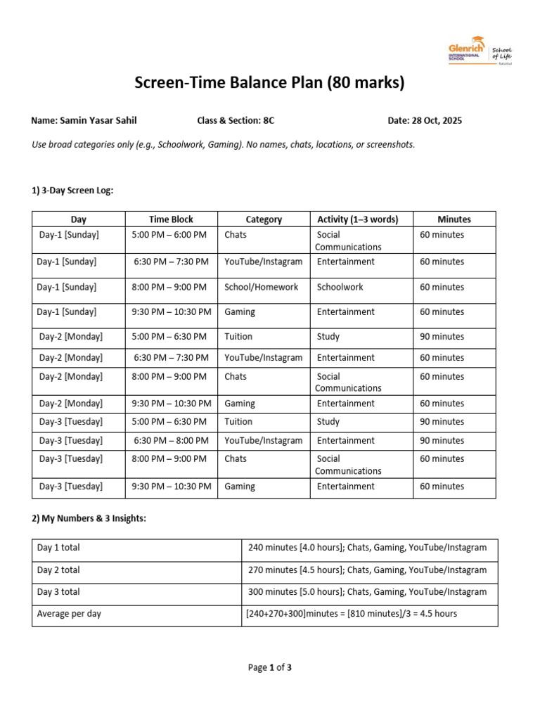 Screen Time Balance Plan | PDF
