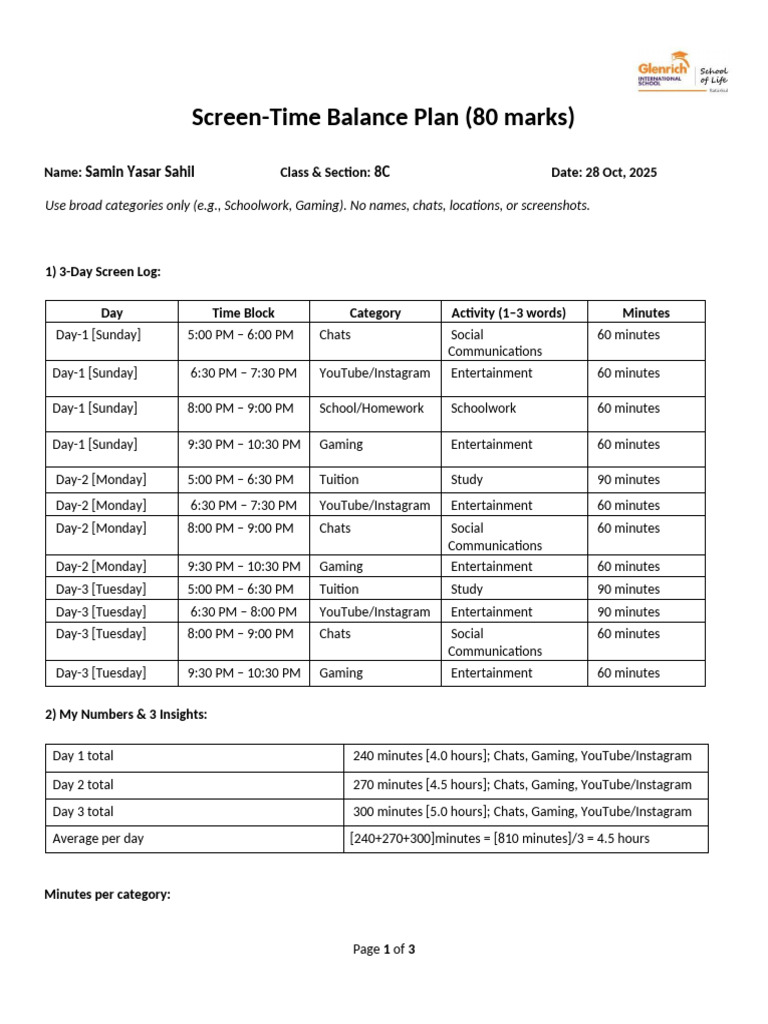 Screen Time Balance Plan Worksheet | PDF