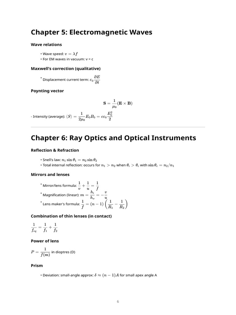 Class 12 Physics - Complete Formula Sheets (Cbse) (1) - 6-7 | PDF ...