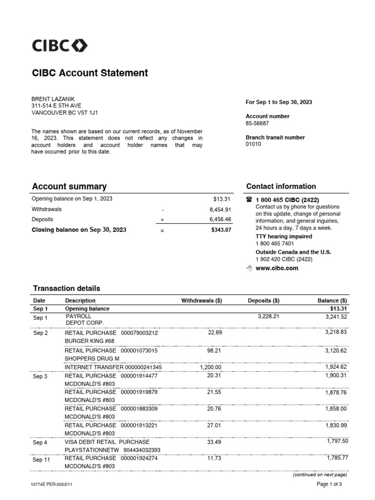 CIBC Account Statement Summary Sep 2023 | PDF | Debit Card | Service ...