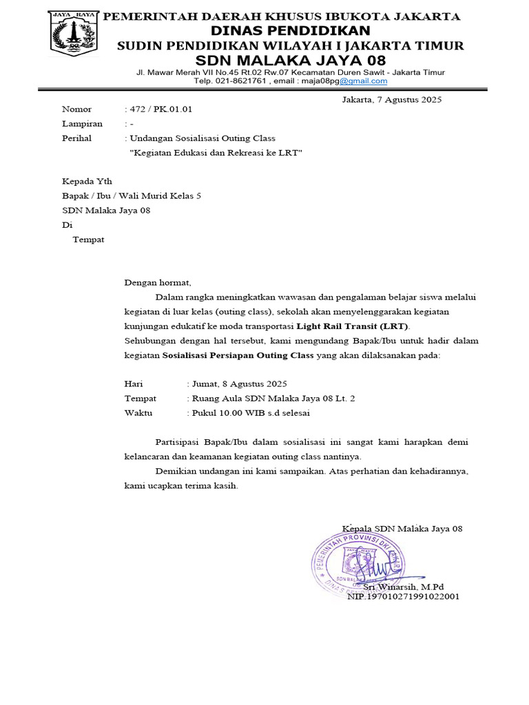 472 - Undangan Sosialisasi Kegiatan Outing Class | PDF