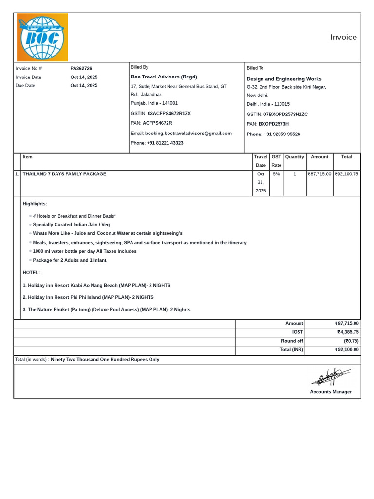 Invoice Pa362726 Boc Travel Advisors Regd Design and Engineering Works ...