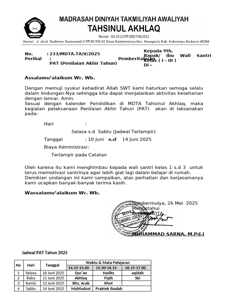 Jadwal PAT MDTA 2025 dan Biaya | PDF