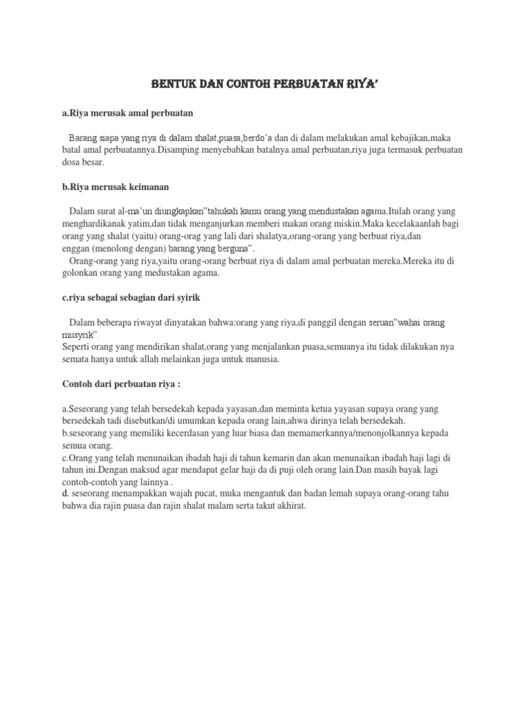 Bentuk Dan Contoh Perbuatan Riya | PDF