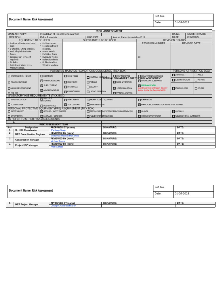 Diesel Generator Installation Risk Assessment | PDF | Crane (Machine ...