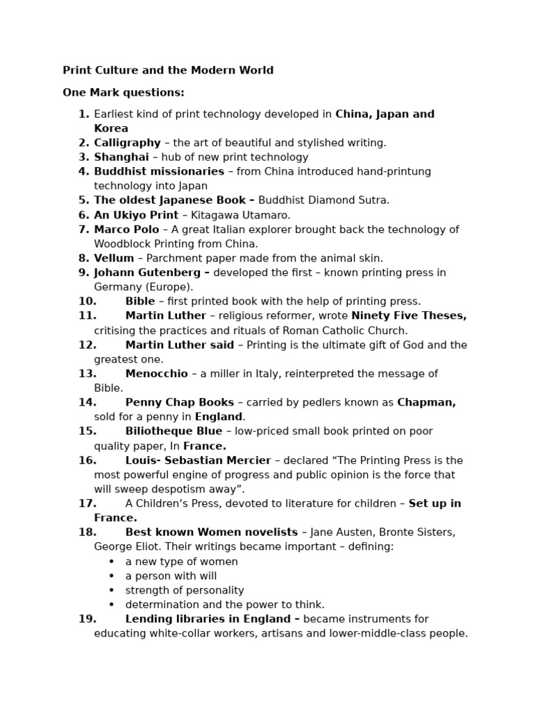 Print Culture One Mark Questions | PDF | Printing | Books