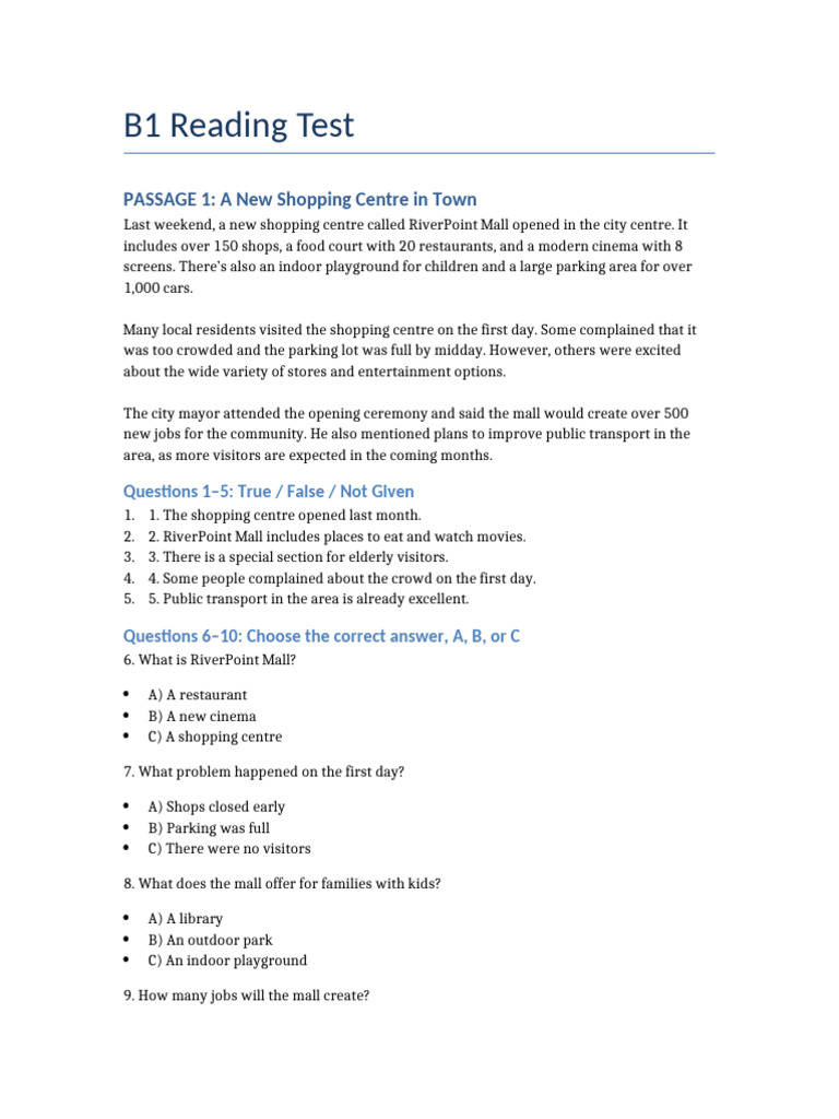 B1 Reading Test | PDF | Shopping Mall