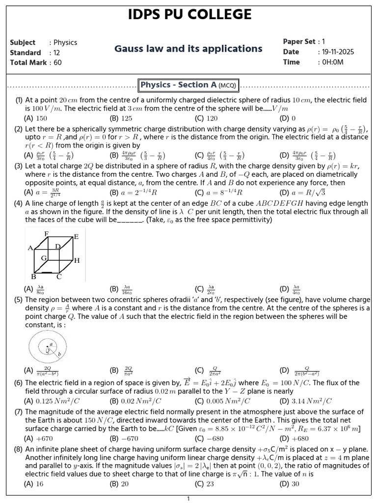 Gauss Law Physics Exam Paper 2025 | PDF | Electric Field | Physical ...