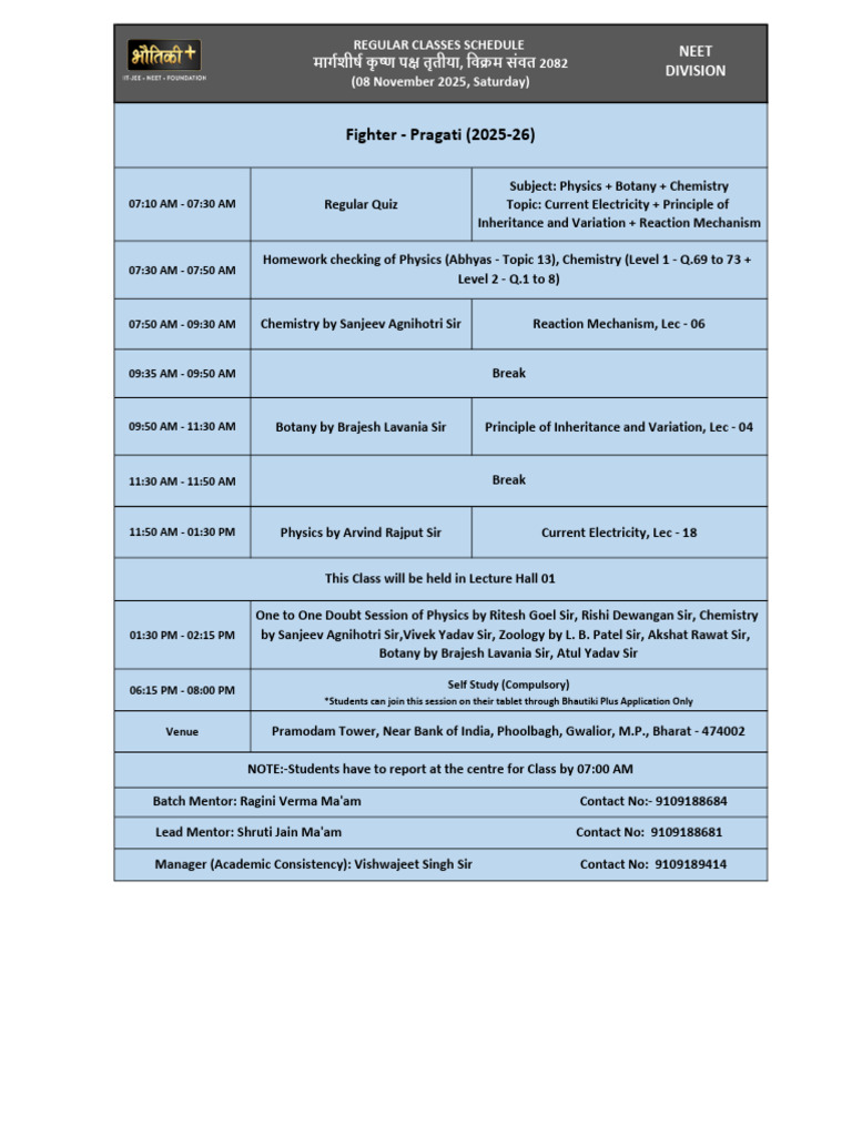 Regular Classes Schedule Fighter Pragati (08!11!2025) | PDF | Natural ...