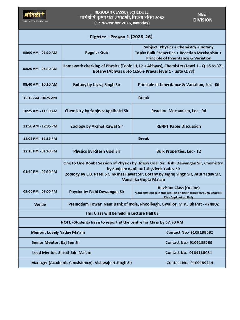 NEET Regular Class Schedule 2025-26 | PDF | Physical Sciences | Natural ...