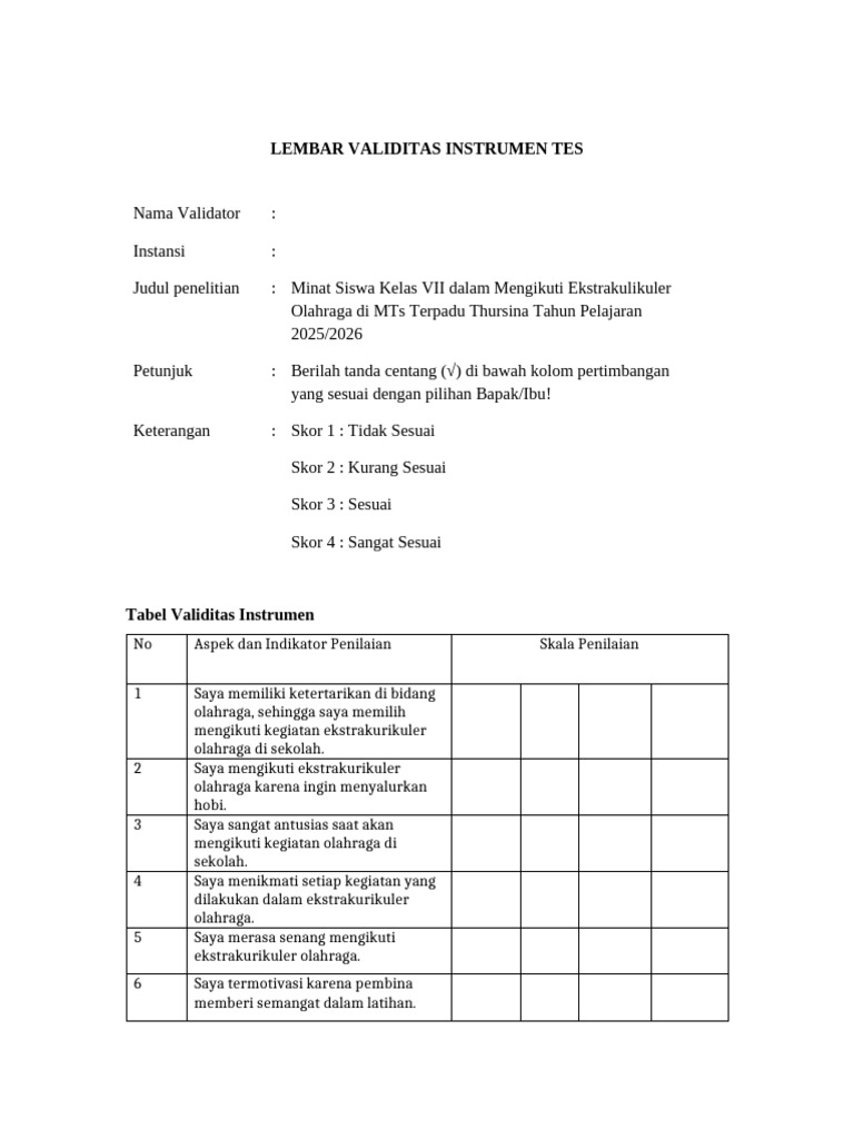Validitas Instrumen Ekstrakurikuler Olahraga | PDF