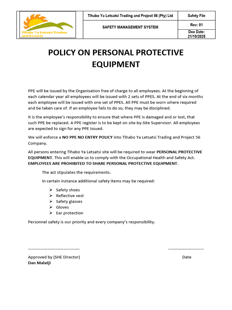 PPE Policy for Tlhabo Ya Letsatsi Trading | PDF