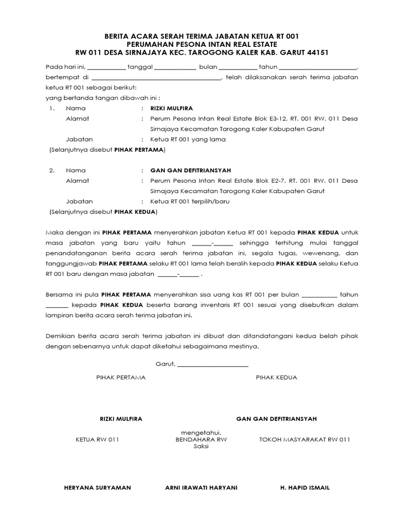 Serah Terima Jabatan Ketua RT 001 Garut | PDF