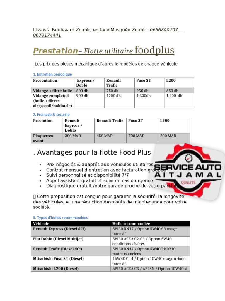 Entretien Flotte Utilitaire Food Plus | PDF