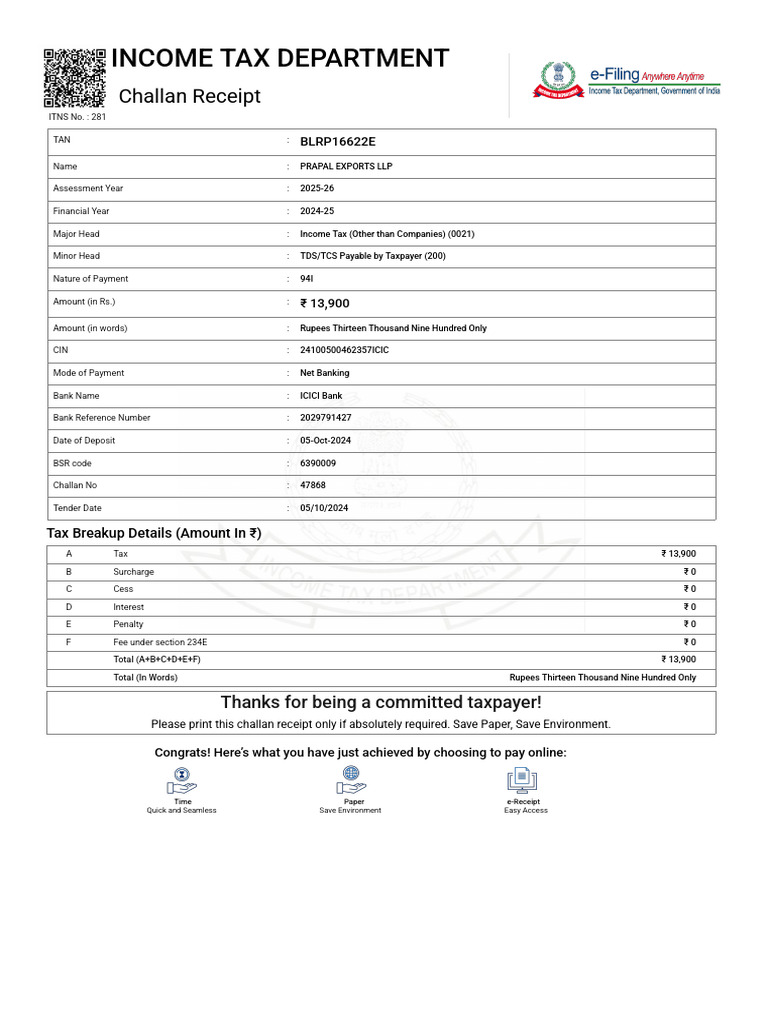 TDS PSeptember 2024 Ayment Challan 194I | PDF | Taxes | Economies