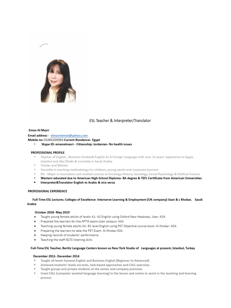 ESL Teacher & Translator Profile | PDF | English As A Second Or Foreign ...