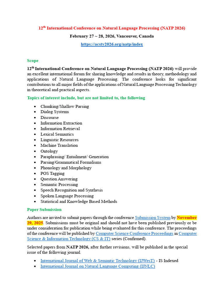 NATP 2026: Call for Papers on NLP | PDF