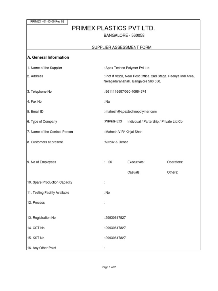 Supplier Assessment Form | PDF