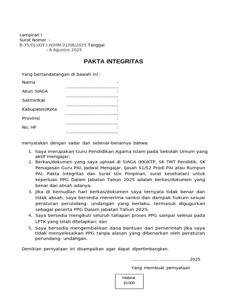 Pakta Integritas Izin Pimpinan Dan SPTJM CPPG Tahun 2025 | PDF