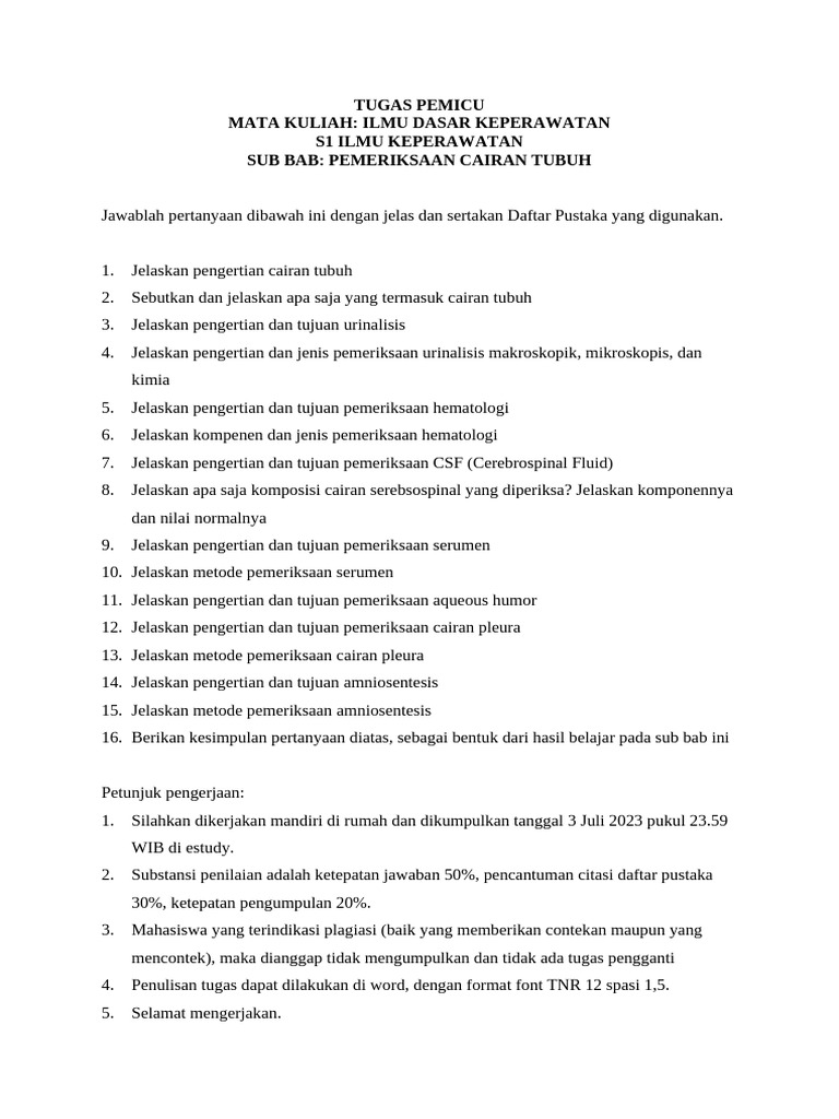 Tugas Pemicu Pemeriksaan Cairan Tubuh | PDF