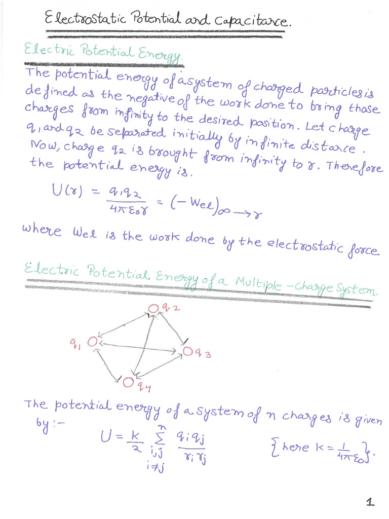 Electrostatic Potential and Capacitance Handwritten Notes PDF | PDF