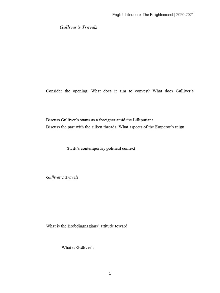 Study Questions for Gulliver's Travels | PDF | Gulliver's Travels ...