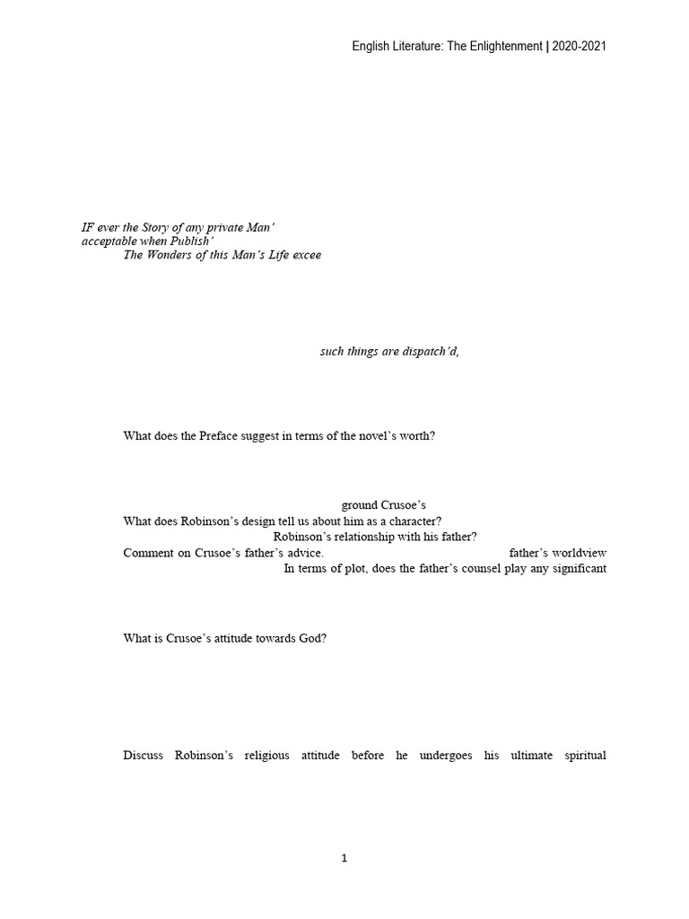Robinson Crusoe: Enlightenment Analysis | PDF | Robinson Crusoe ...