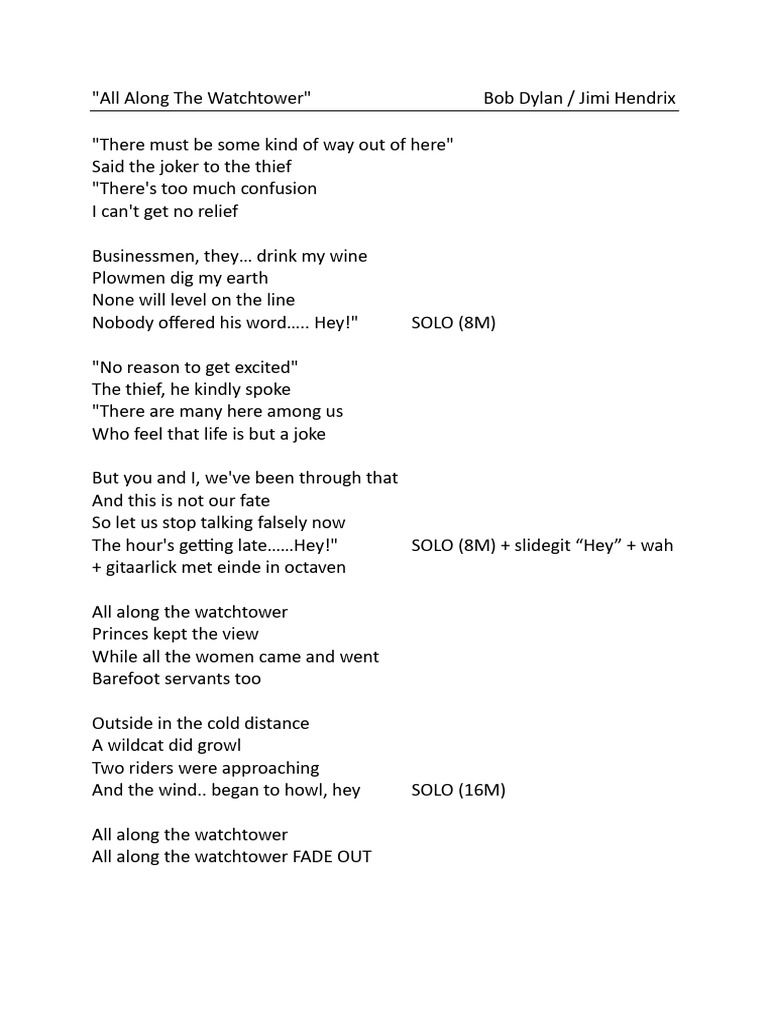 All Along The Watchtower - Jimi Hendrix Bob Dylan Tekst Lyrics | PDF